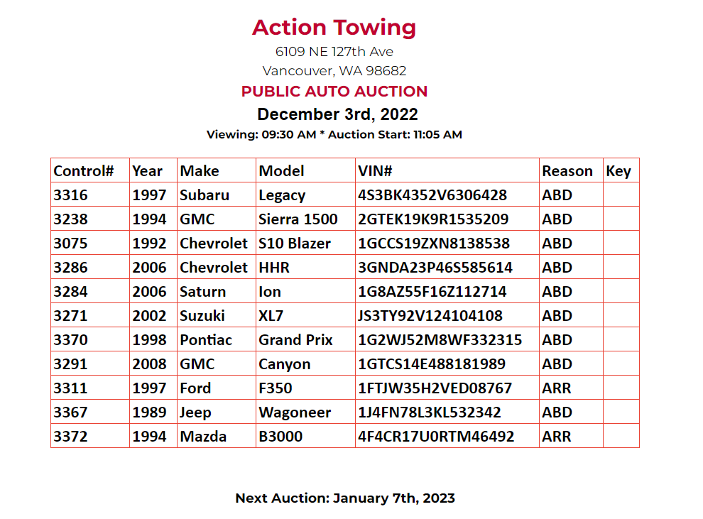 VEHICLE AUCTION - Action Towing